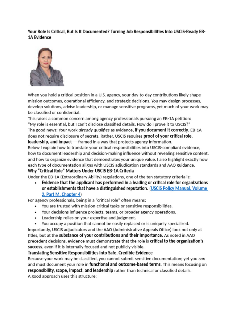 Documenting Critical Roles for EB-1A | PDF | Leadership