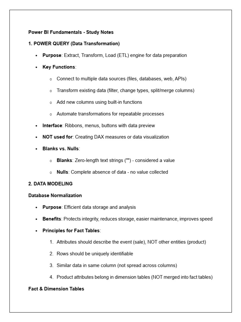 Power BI Study Notes: Key Concepts | PDF | Table (Database ...