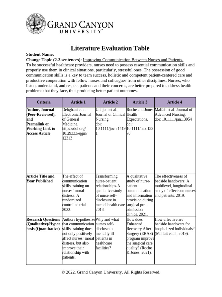 Literature Evaluation Table Week 4 | PDF | Nursing | Qualitative Research