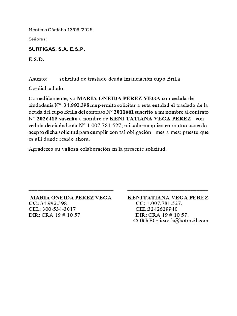 Surtigas. S.A. E.S.P.: Maria Oneida Perez Vega 2011661 Suscrito 2026415 ...