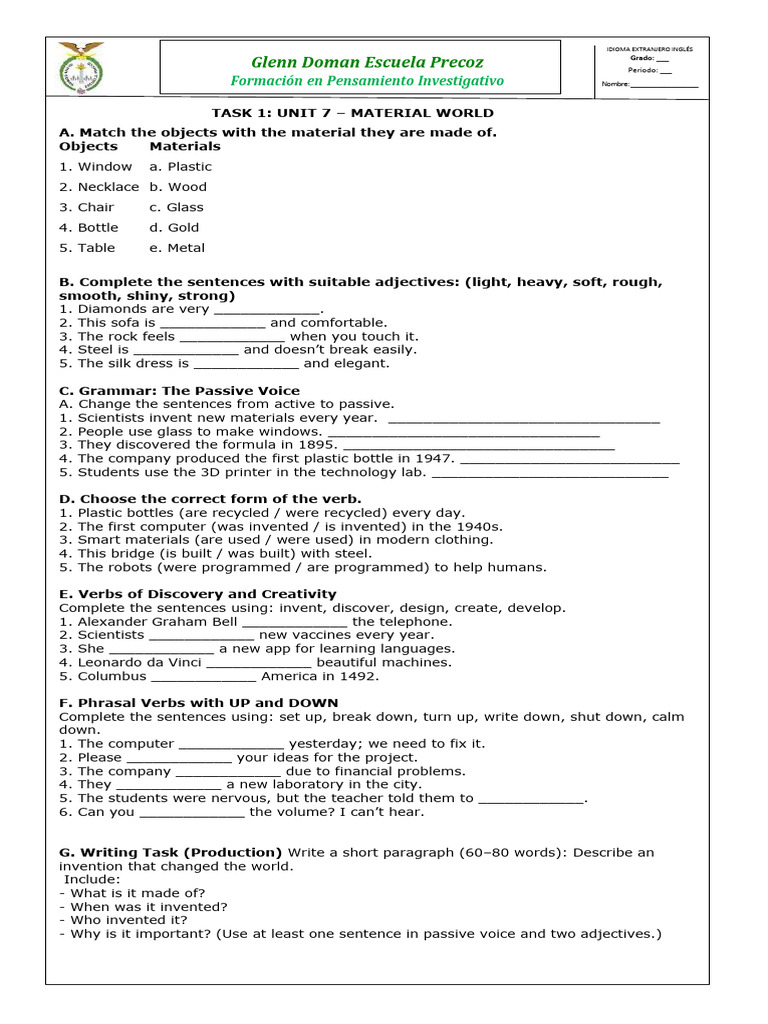 Guia Undecimo- Task 1 Unit 7 – Material World | PDF | Linguistics | Syntax