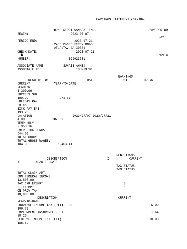 Homedepot Paystub | PDF