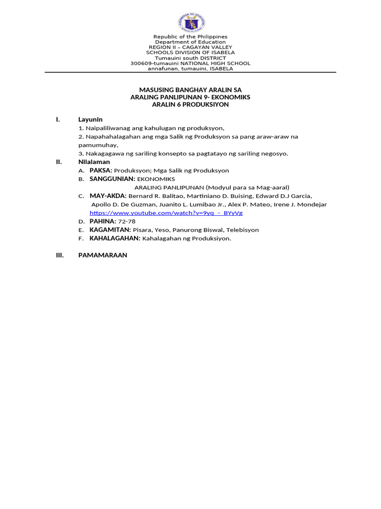 Detailed Lesson Plan For Araling Panlipunan Konsumo at Produksyon | PDF