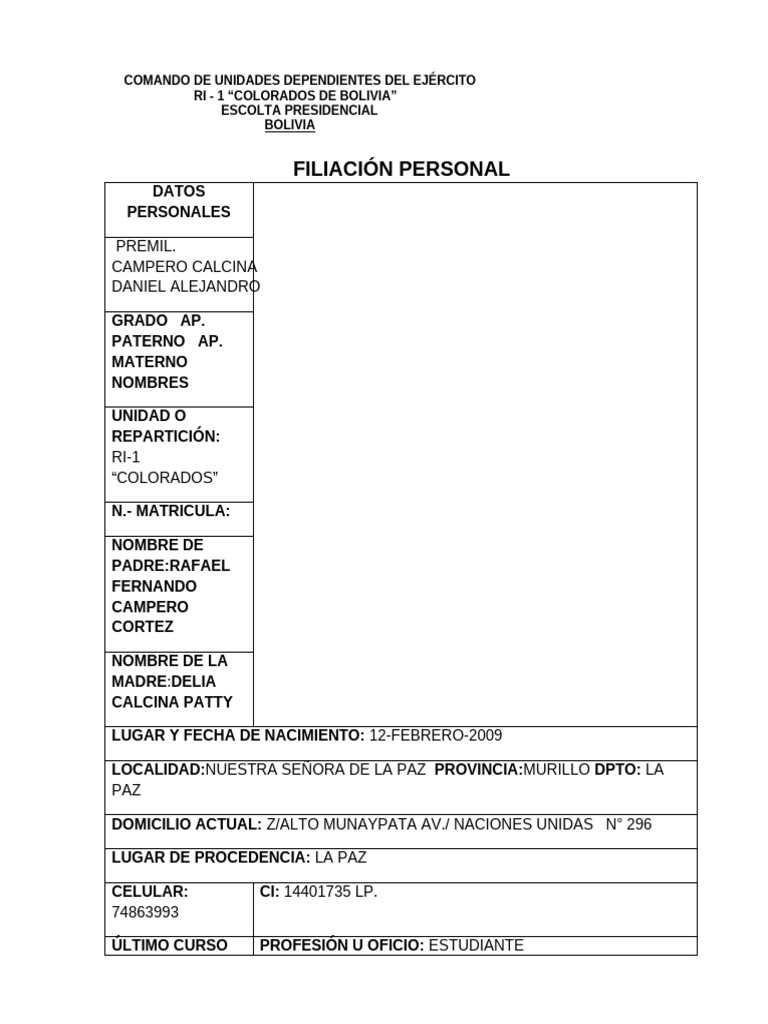 Premil. Daniel Alejandro Campero Calcina | PDF