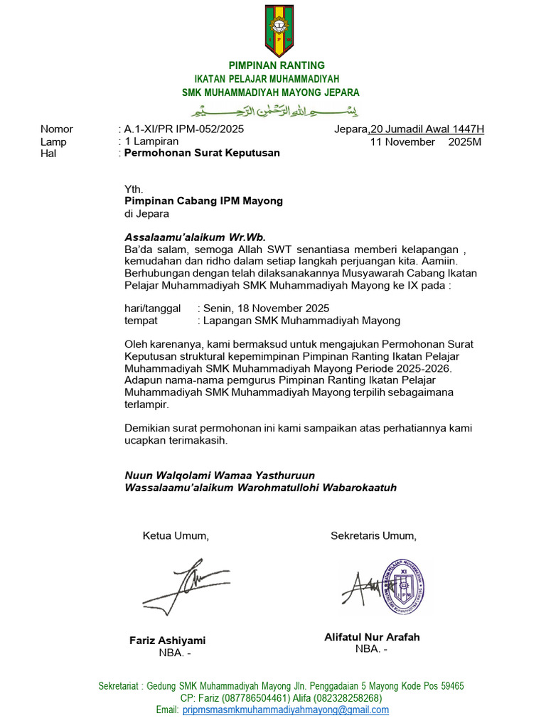 Permohonan SK Pimpinan Ranting IPM 2025-2026 | PDF