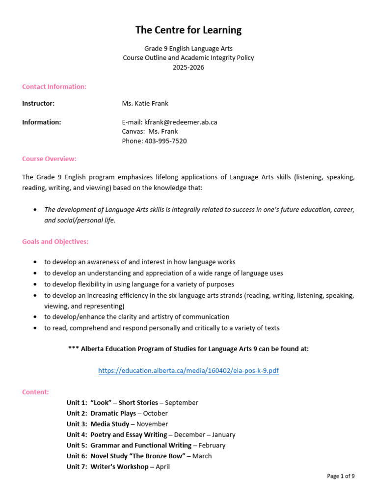 Grade 9 English Course Outline 2025-2026 | PDF | Educational Assessment ...