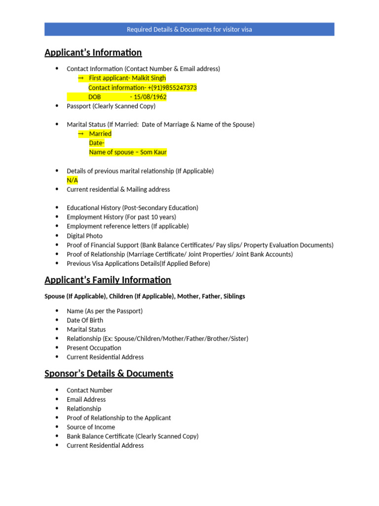 Visitor Visa Application Requirements | PDF
