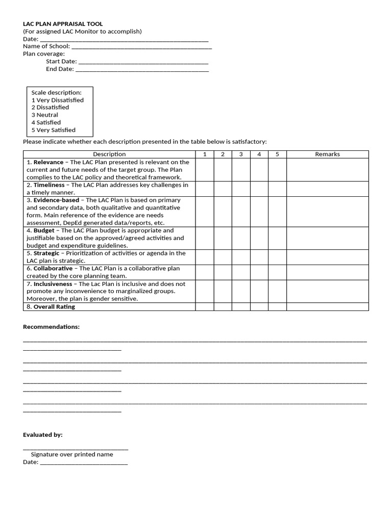 LAC Plan Appraisal Tool Template | PDF