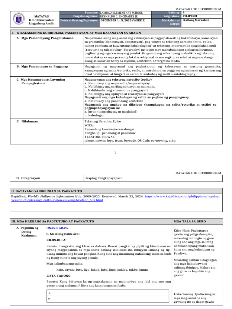 Dll Matatag _filipino 4 q3 w5 | PDF