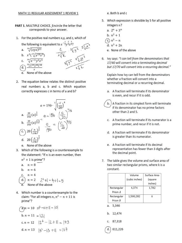 MATH 11 REGULAR ASSESSMENT 1 REVIEW 1 NO ANS | PDF | Numbers | Decimal