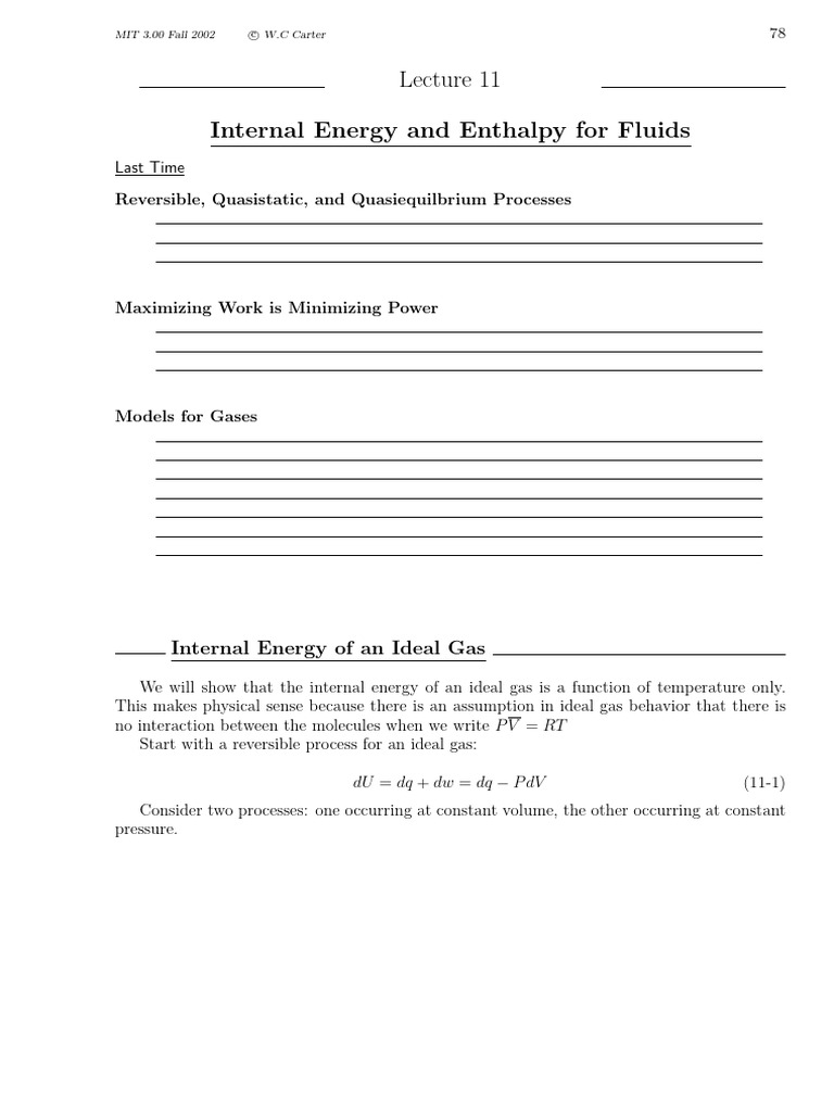 Internal Energy and Enthalpy For Fluids Lecture - 11 | PDF | Gases ...