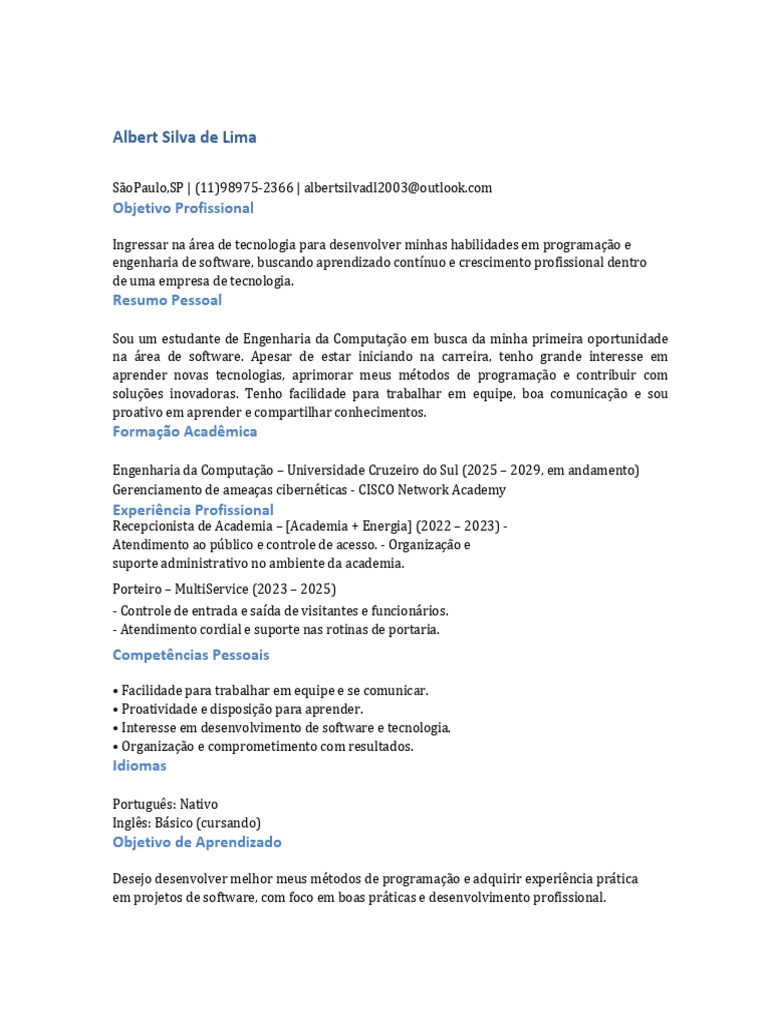 Estudante de Engenharia em Busca de Oportunidade | PDF