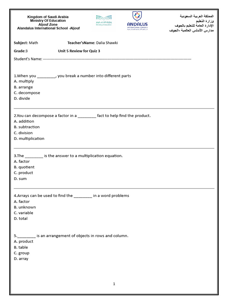 Grade 3 Math Unit 5 Quiz Review | PDF | Multiplication | Mathematics