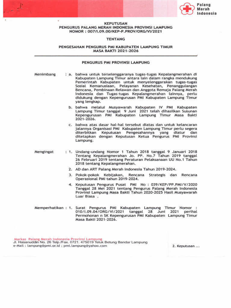 SK Pengurus Pmi Lampung Timur Tahun 2021-2026 | PDF