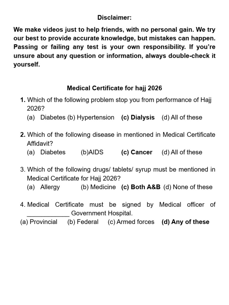 Medical Certificate Requirements for Hajj 2026 | PDF