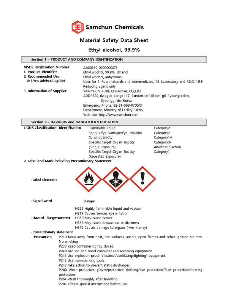 Ethyl Alcohol MSDS - Safety Information | PDF | Personal Protective ...