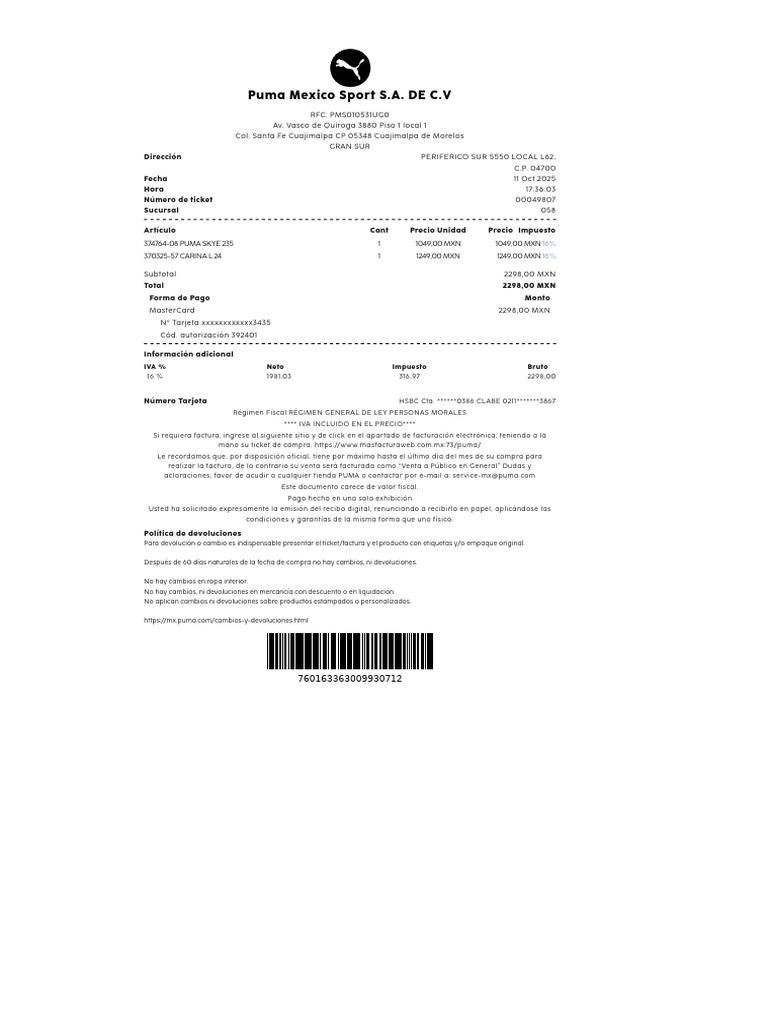 Puma Mexico Sport S.A. DE C.V - Receipt - 20251011 - 173603 | PDF | Factura