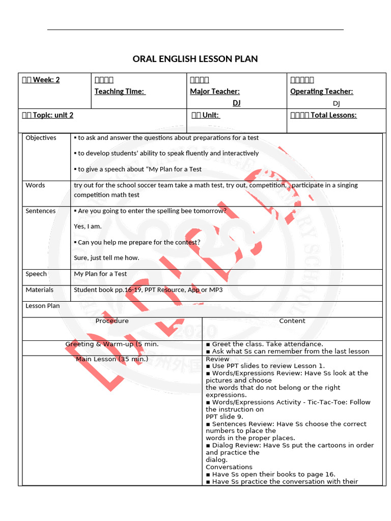 DJ 2024 Top Students Class Speak Up 3 Unit 2 | PDF | Lesson Plan | Learning