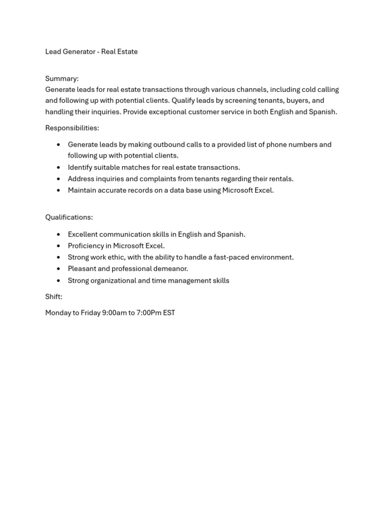 Real Estate Lead Generator Job Description | PDF