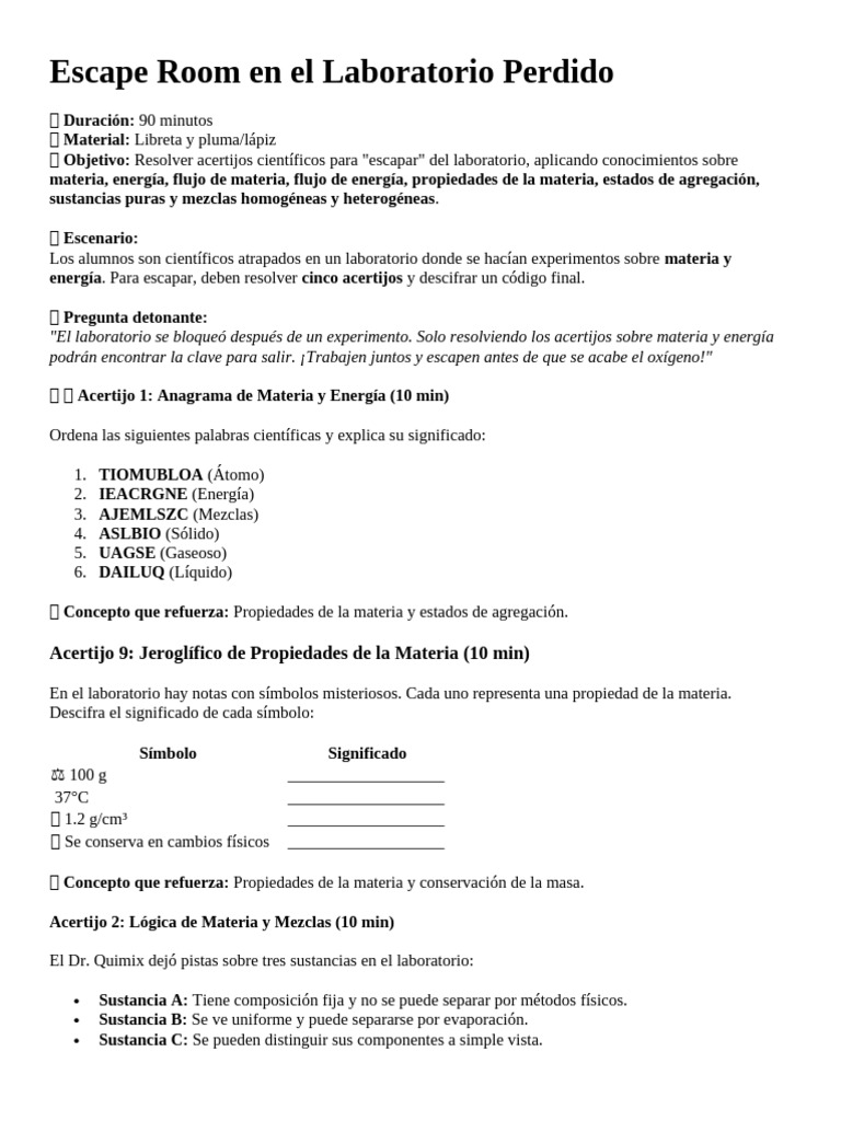 Escape Room en El Laboratorio Perdido | PDF | Sustancias químicas ...