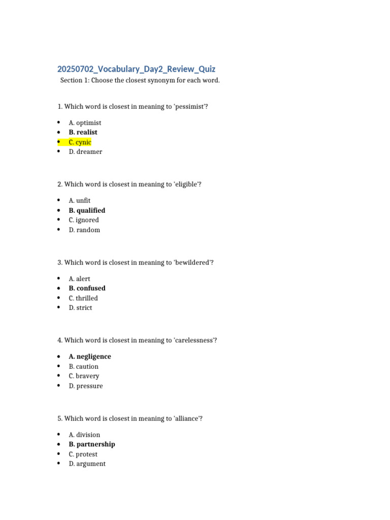 Vocabulary Day2 Review Quiz | PDF