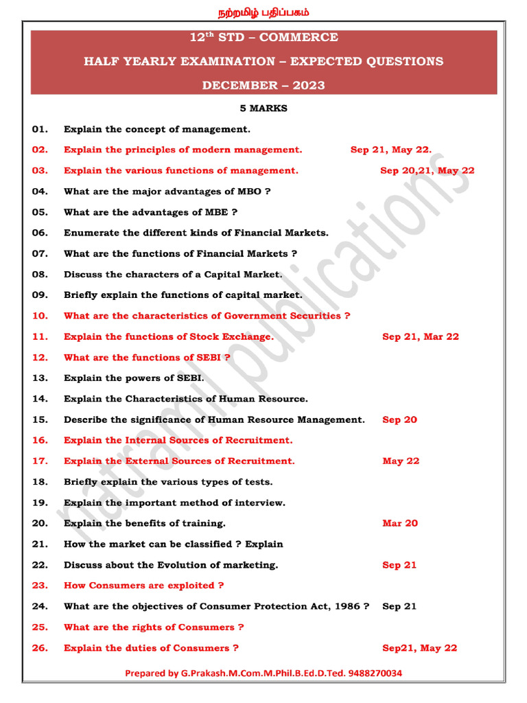 12 Commerce Important Questions | PDF