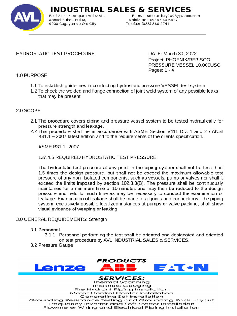 Hydro Testing Procedure. Phoenix Rebesco Pressure Vessel | PDF | Leak ...