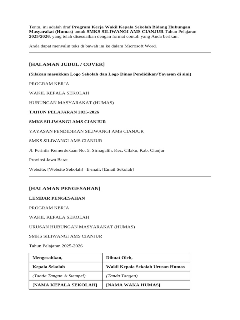 Program Kerja Humas SMKS Siliwangi 2025 | PDF