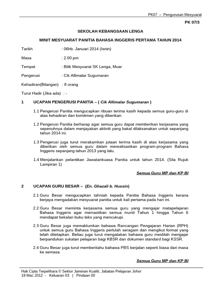 Borang PK 07 3 Contoh Format Minit Mesyuarat | PDF