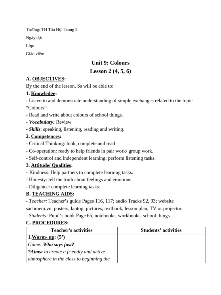Lesson Plan: Colours for Kids | PDF | Learning | Human Communication