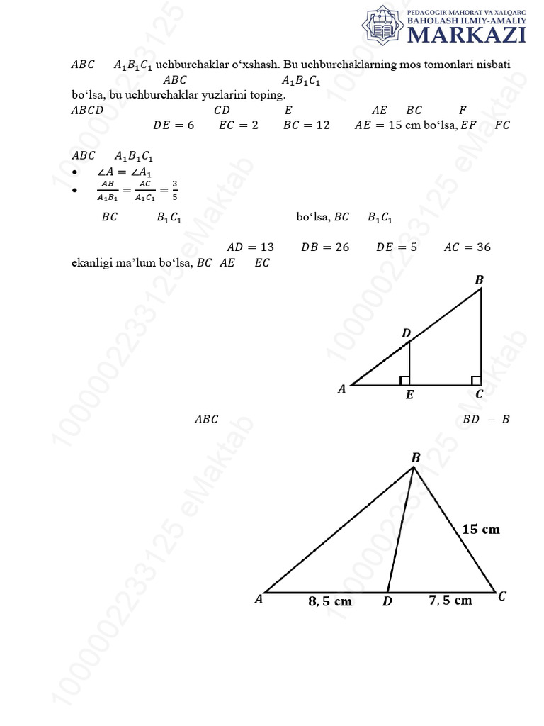 9 Sinf Umumta'Lim Geometriya I Chorak BSB-1 (1) | PDF