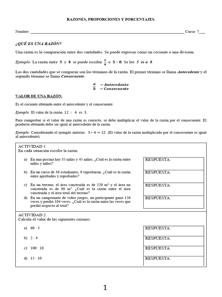 Guia Razones Prop y Porcentaje | PDF | Proporción | Matemática Elemental