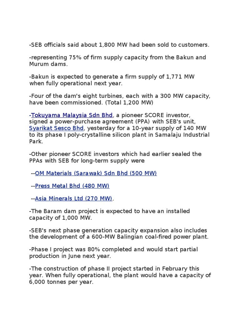 SEB Power Sales and Capacity Updates | PDF