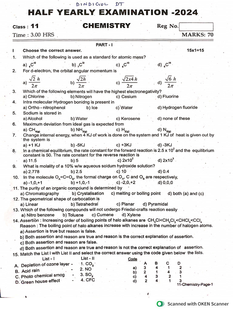 Class 11 Chemistry Half-Yearly Exam 2024 | PDF | Chemical Reactions ...