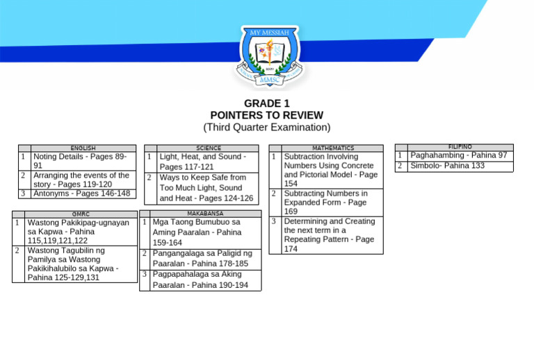 Grade 1 Third Quarter Exam Review | PDF