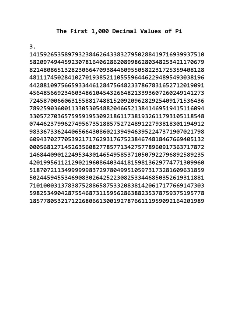 The First 1,000 Decimal Values of Pi | PDF