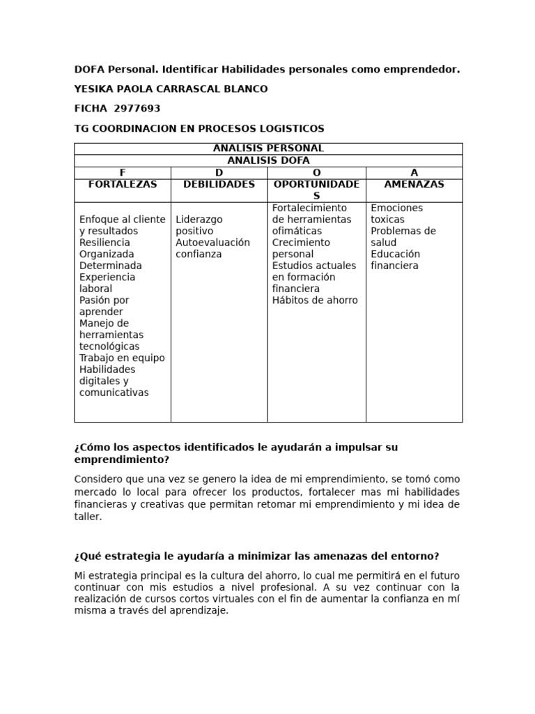 Análisis DOFA Personal para Emprendedores | PDF