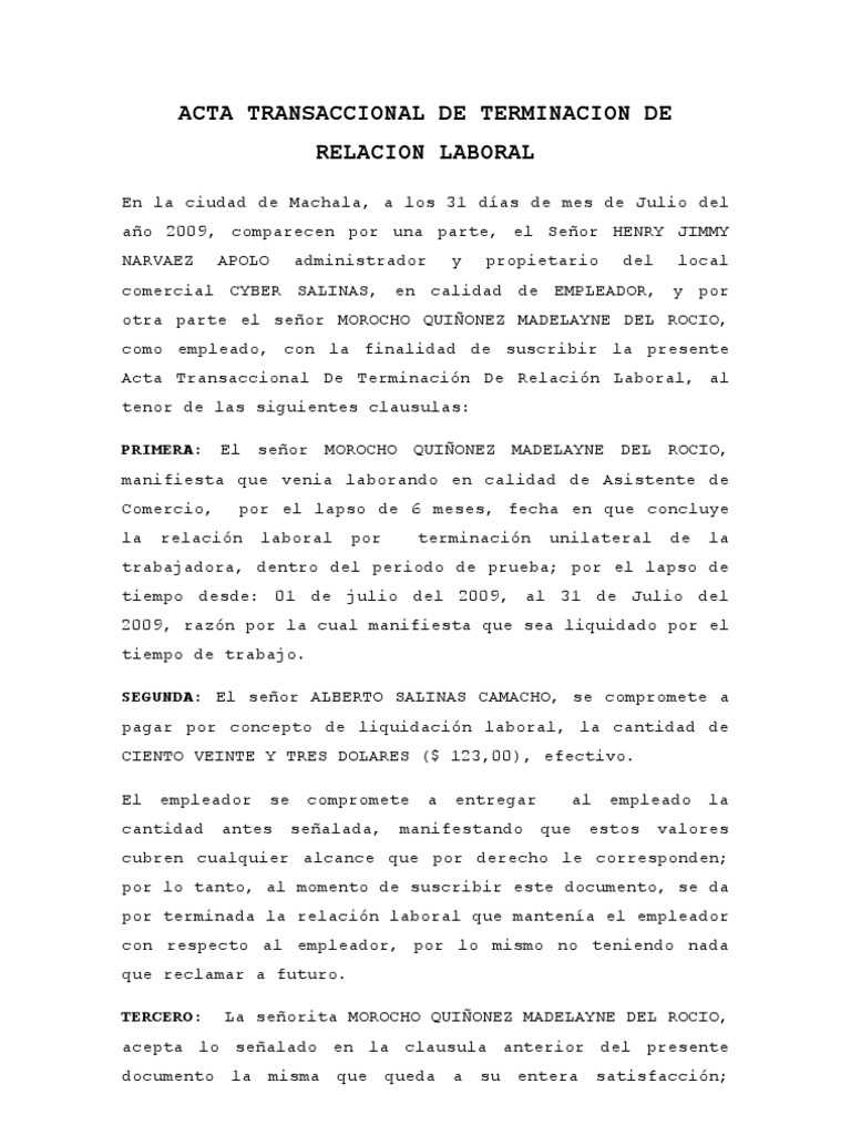 Acta Transaccional Laboral Ecuador | PDF | Liquidación | Derecho laboral