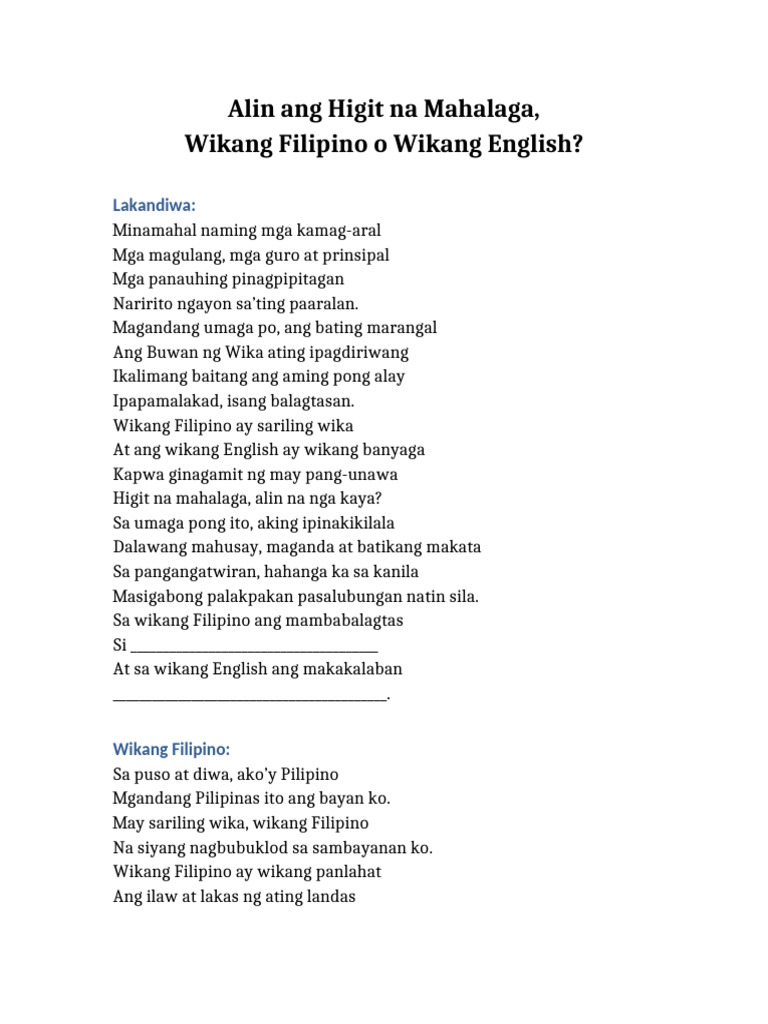 Balagtasan Filipino Vs English Final | PDF