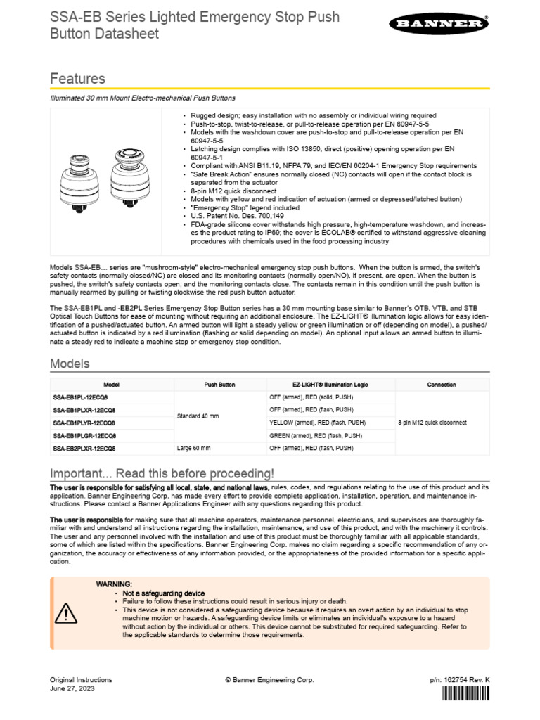 SSA-EB Series Emergency Stop Button Datasheet | PDF | Switch ...