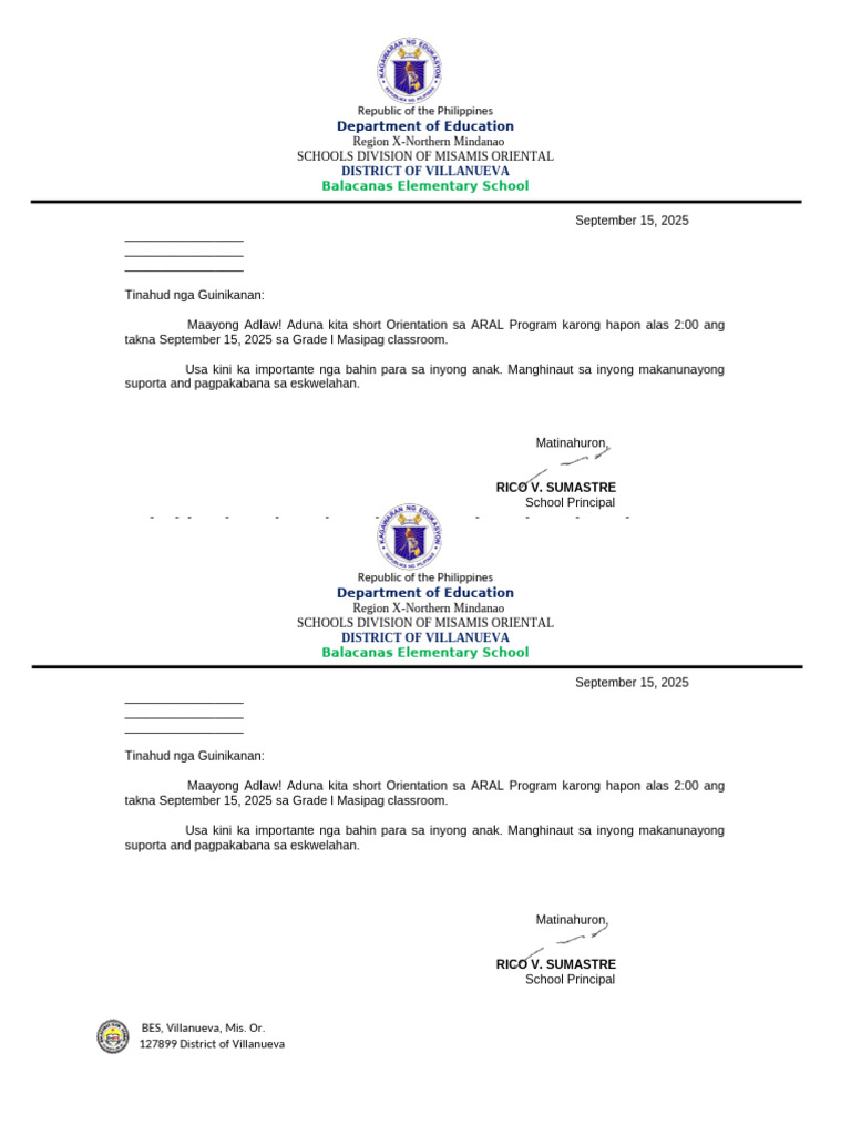 Letter Parents For Aral Orientation | PDF