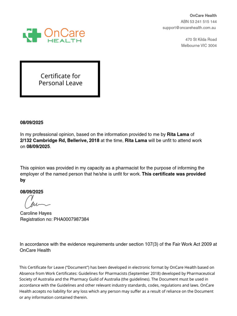 Certificate for Personal Leave 2025 | PDF