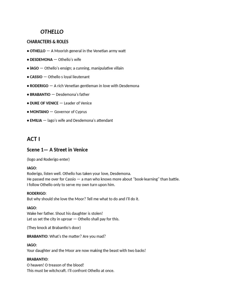 Othello Character Breakdown and Act Summary | PDF | Othello | Iago