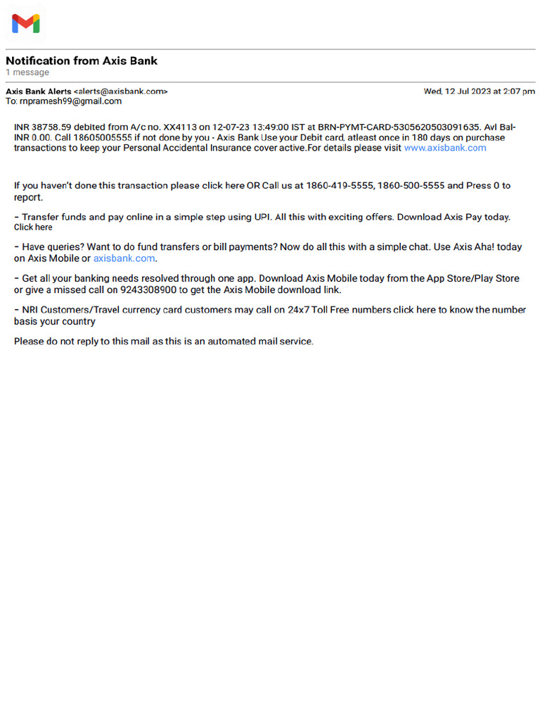 Notification From Axis Bank | PDF