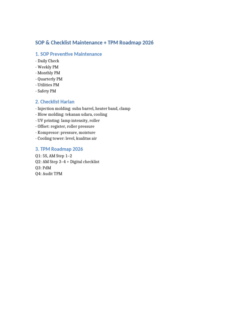 SOP Checklist TPM Roadmap 2026 | PDF