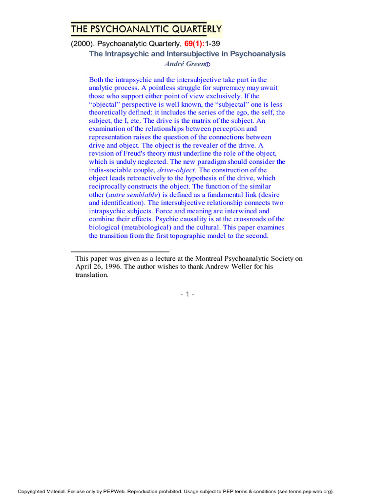 Intrapsychic vs. Intersubjective in Psychoanalysis | PDF ...
