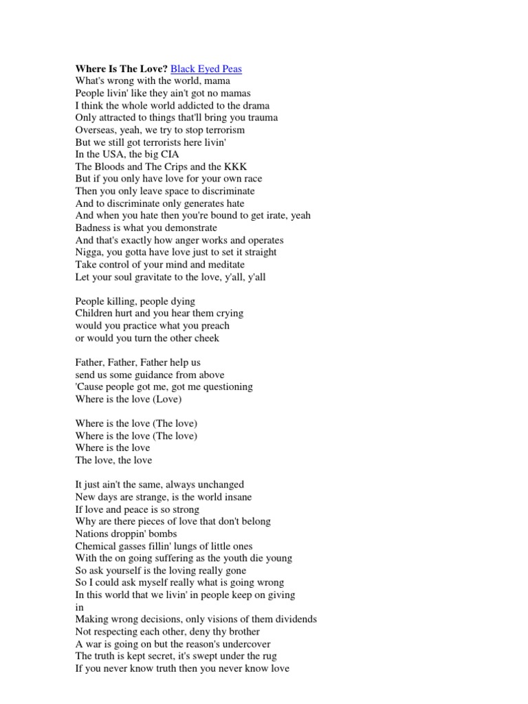 Where Is The Love Black Eyed Peas Song | PDF | Love | Ethical Principles