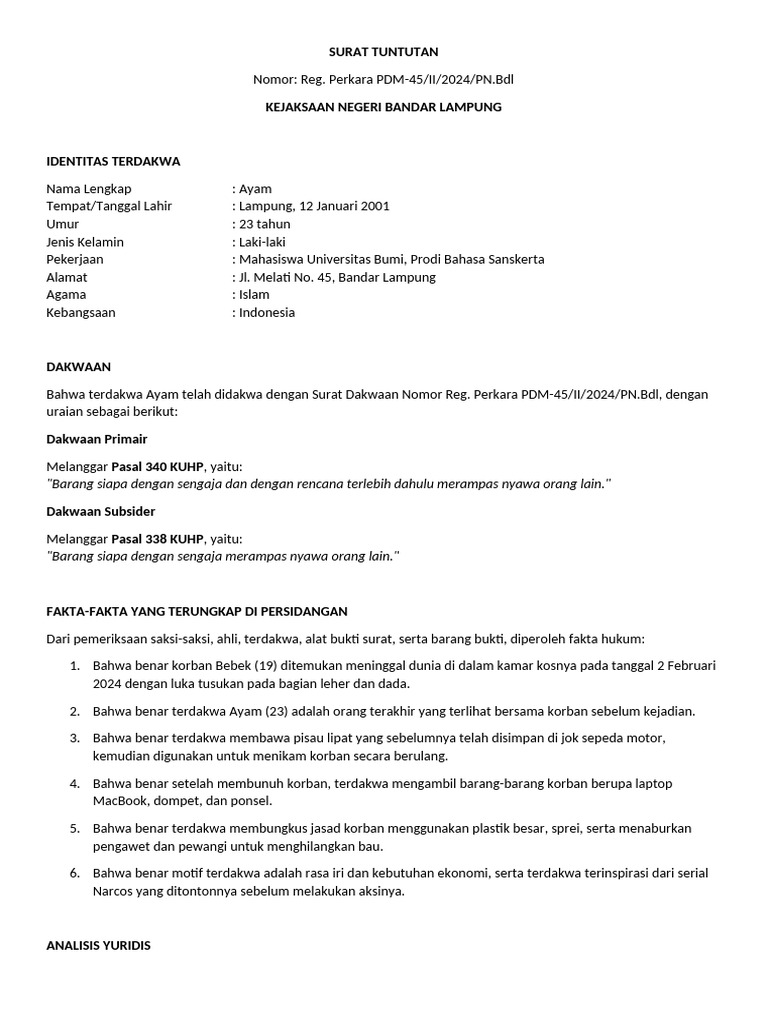 Tuntutan Pembunuhan Berencana Ayam | PDF