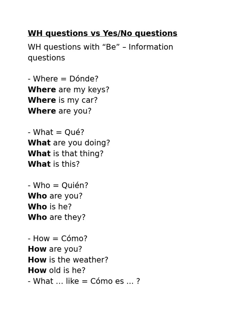 WH Questions Vs Yes | PDF