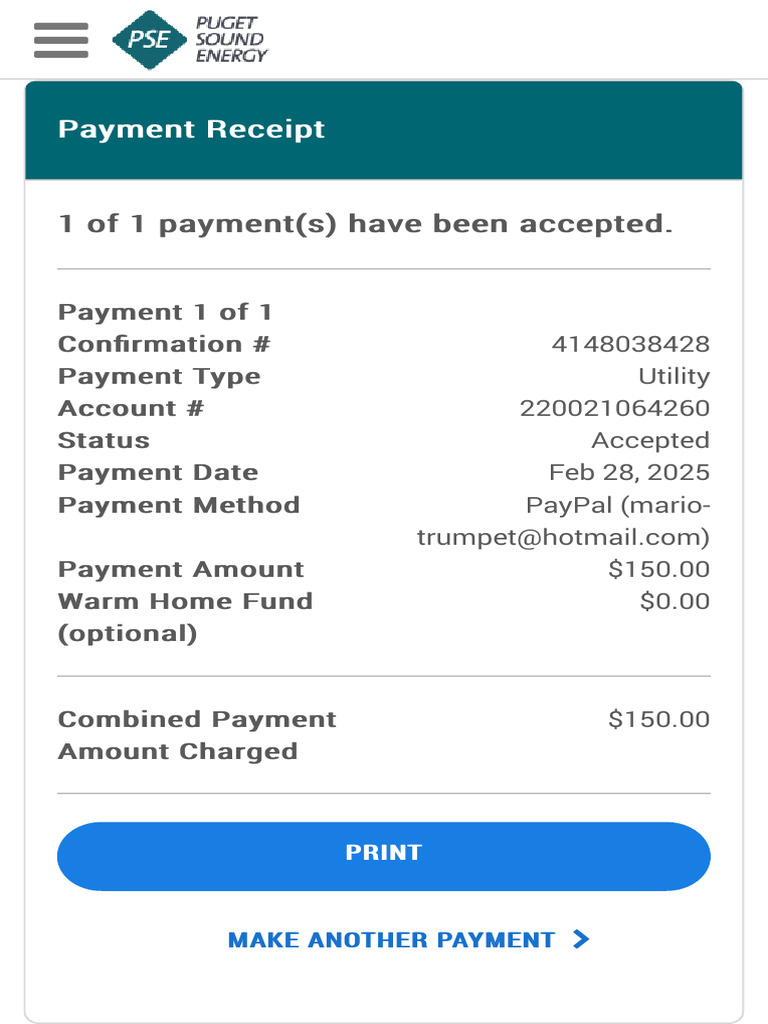 Payment Receipt One-time Payment Puget Sound Energy | PDF
